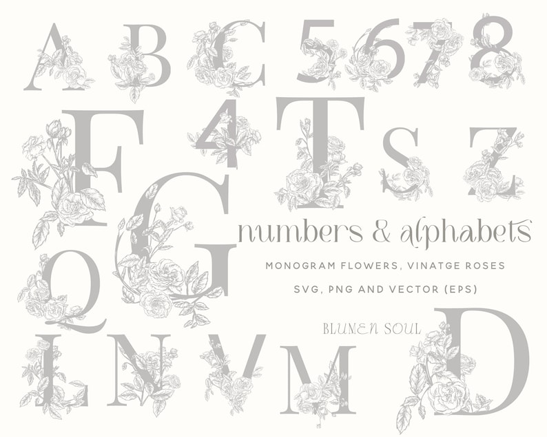 SVG Monogram Flower, Number and Alphabet, Vintage Rose Floral Clipart ...