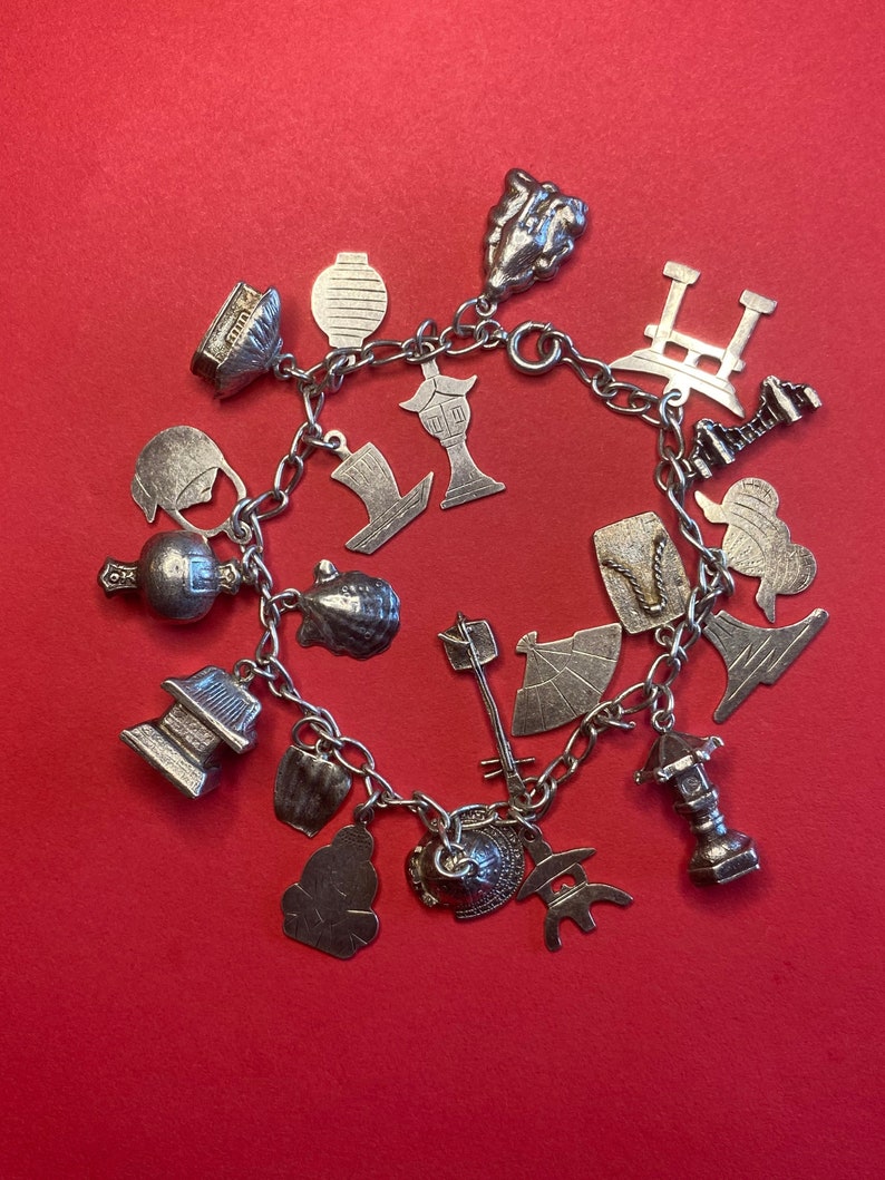Vintage Asian Themed Charm Bracelet 21 Charms Sterling Silver 29 Grams ...
