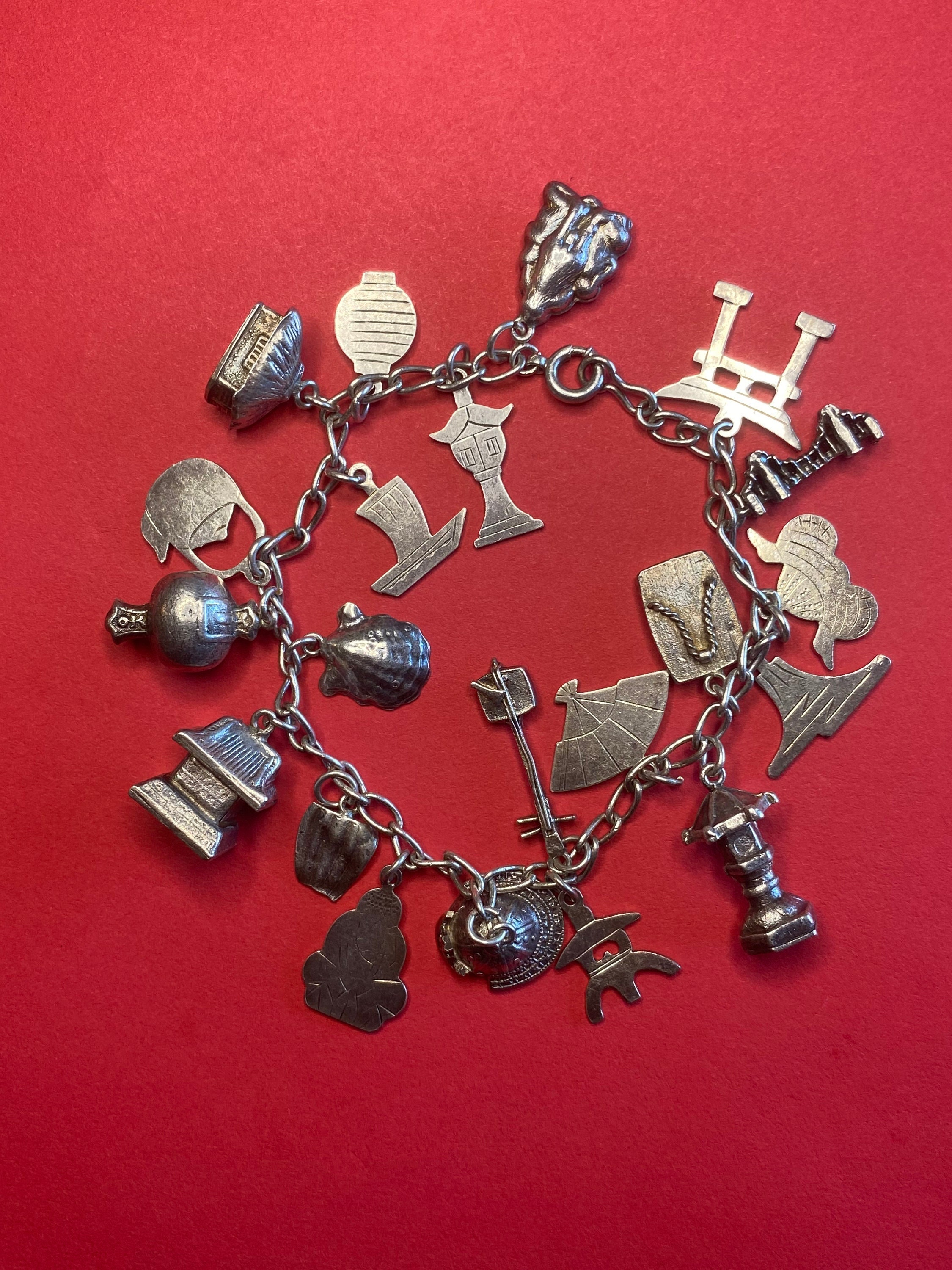 Vintage Asian Themed Charm Bracelet 21 Charms Sterling Silver 29 Grams ...