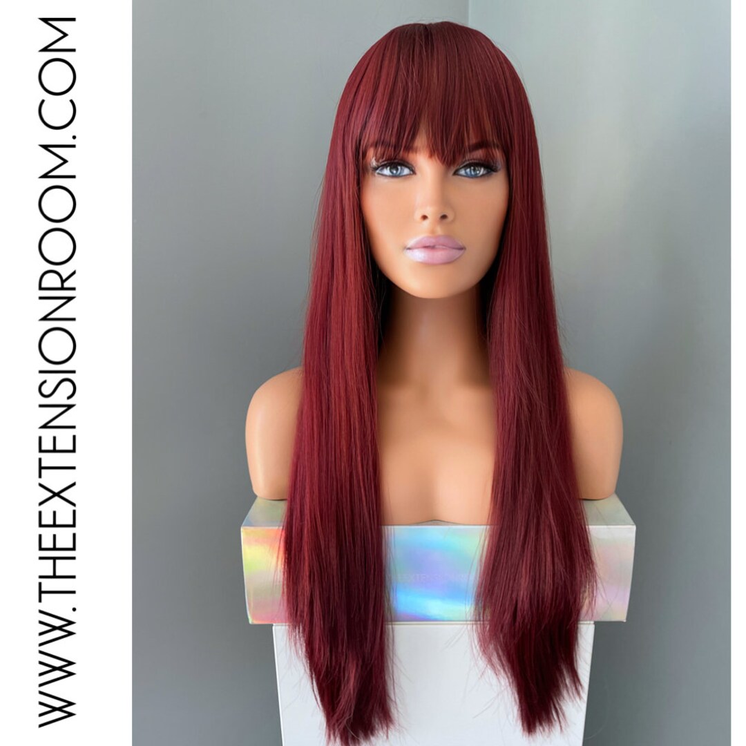 Long Red Wig 30 Inch Silky Straight Synthetic Wig With Bangs Raven - Etsy