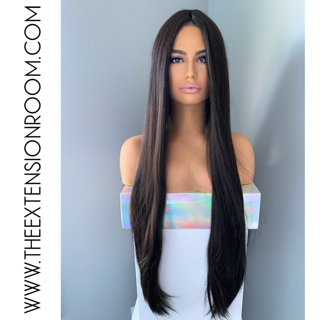 Long Black 34 Inch Silky Straight Partial Lace Front Wig Kim - Etsy