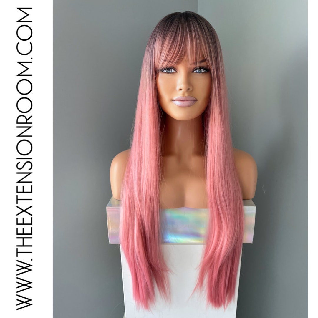 Long Pink Wig 30 Inch Straight Synthetic Pink Wig With Bangs Rosalie - Etsy