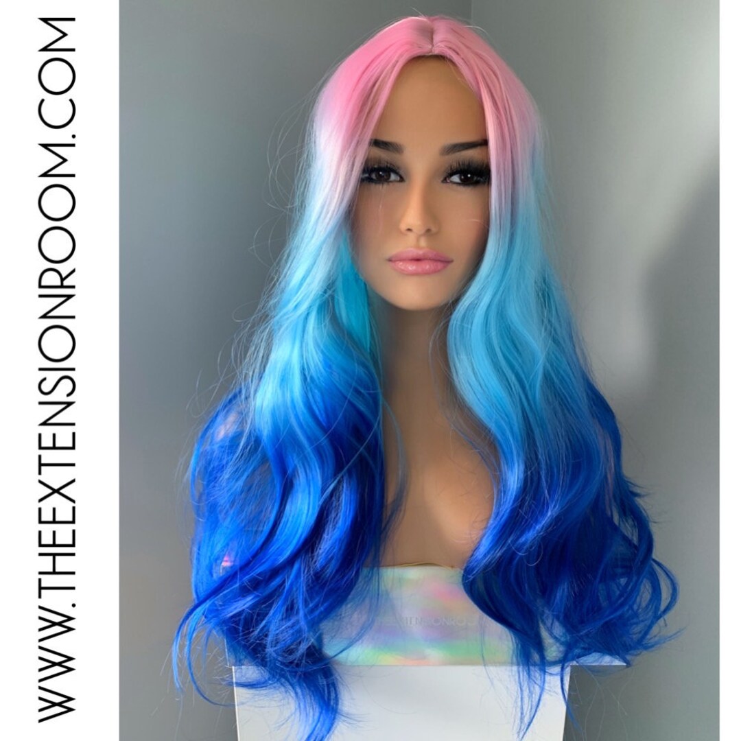 Long Wavy Neon Pink Blue Ombre Rainbow Synthetic 26 Inch Wig Miami - Etsy