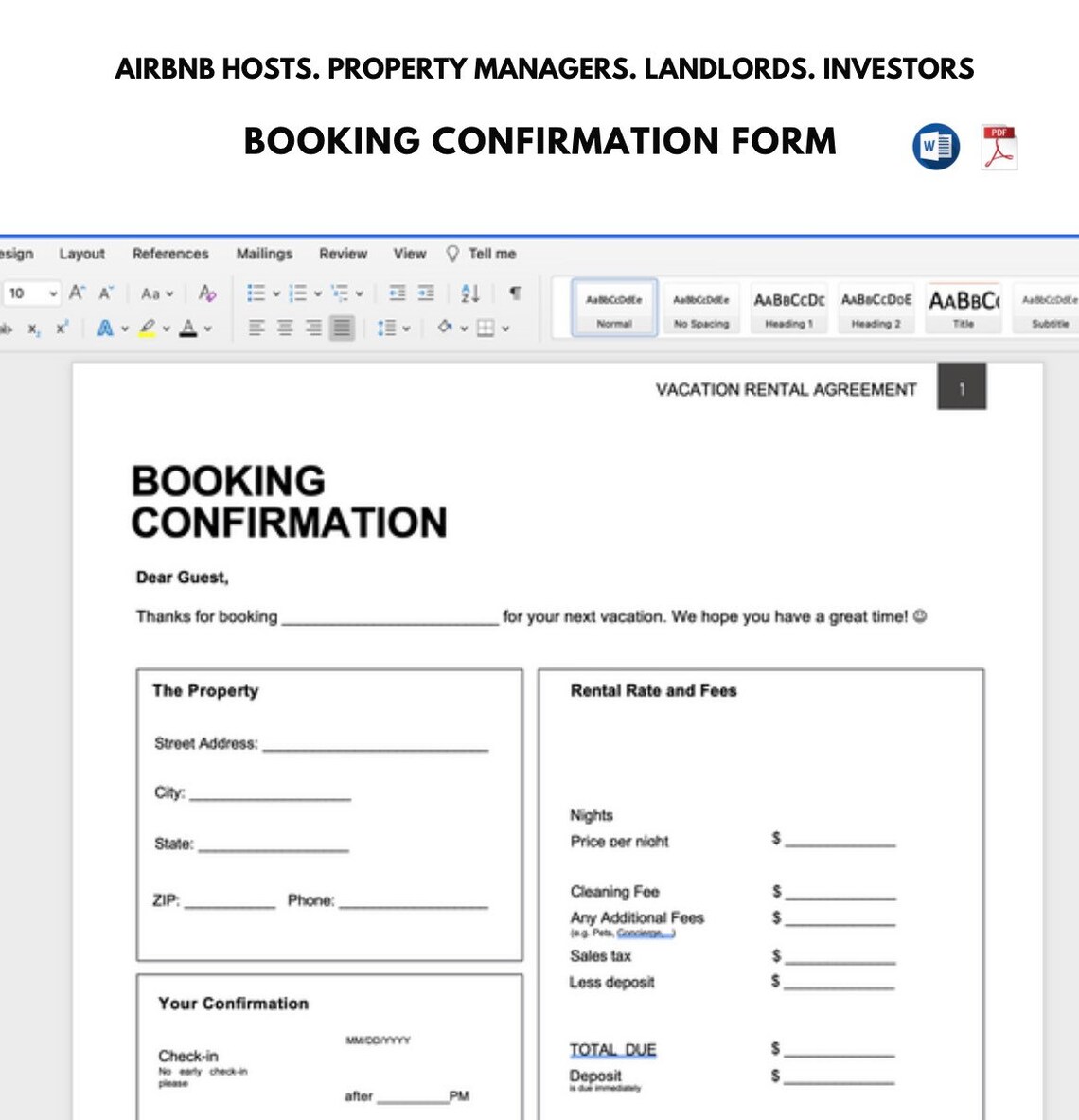 Airbnb + VRBO Rental Agreement | Booking Confirmation Form | Vacation ...