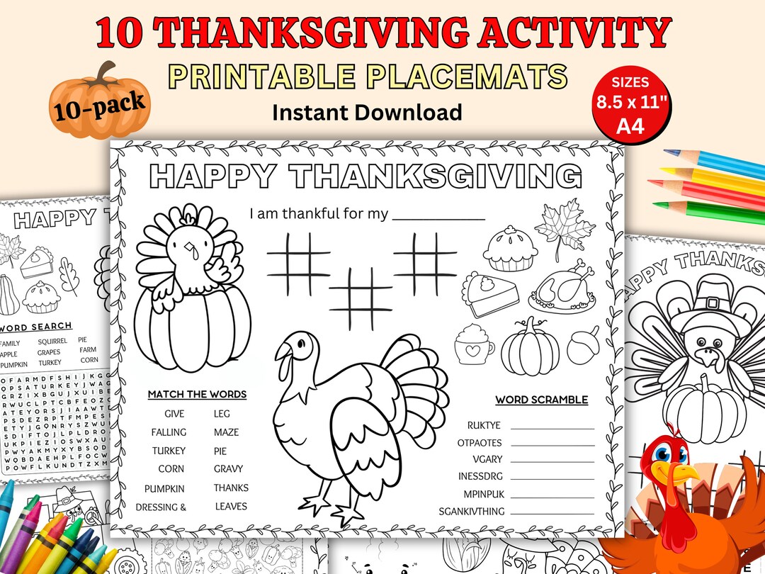 Thanksgiving Activity Coloring Placemat 10 Printable Kids - Etsy