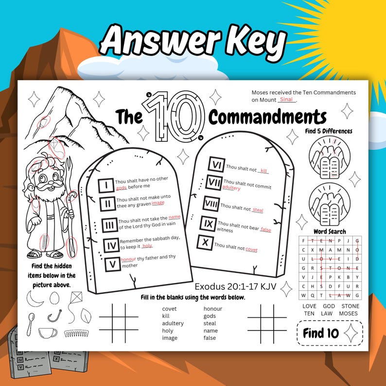 The Ten Commandments Kids Activity Sheet, Bible Coloring Activity Page ...