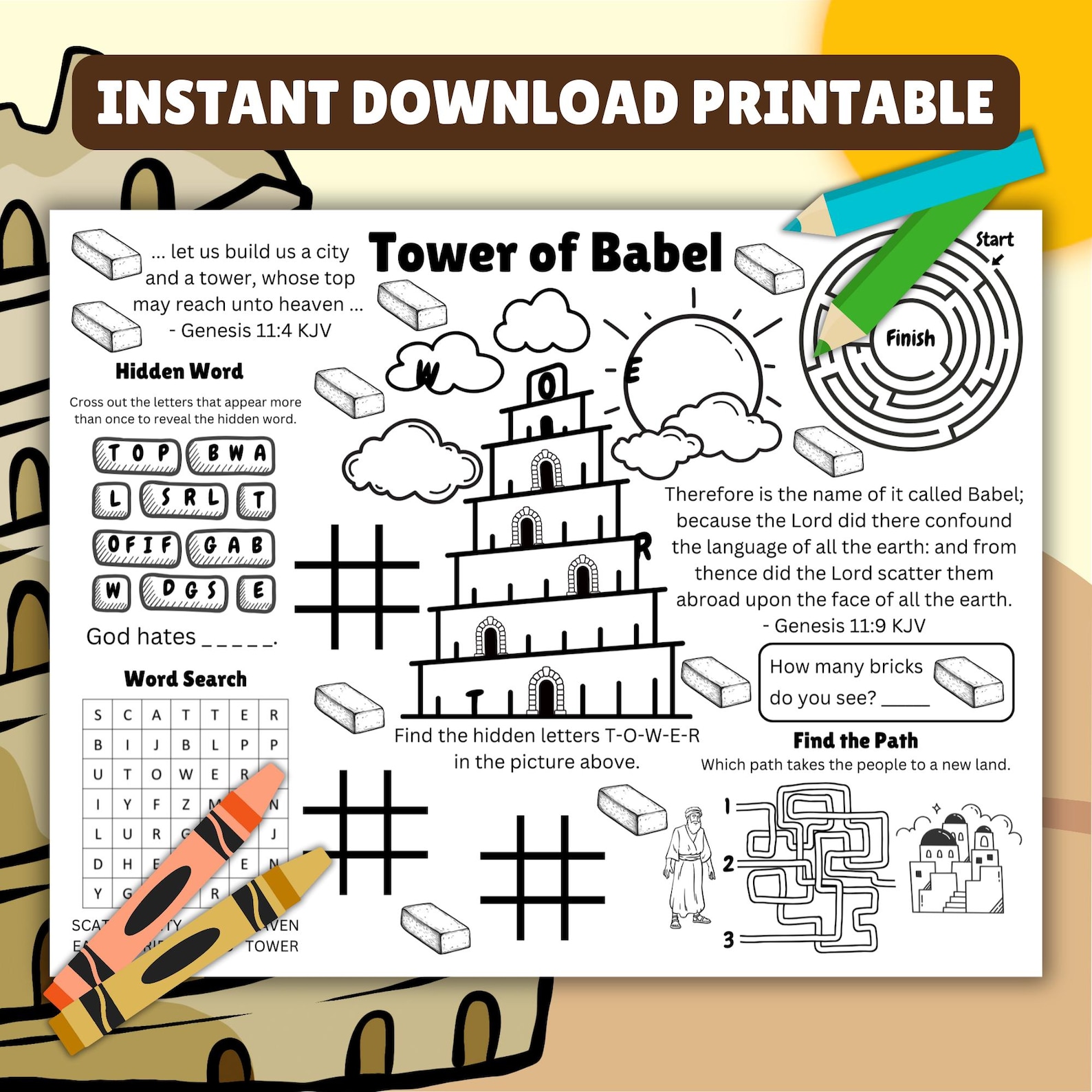 Tower of Babel Activity Sheet, Bible Story Coloring Activity Page ...