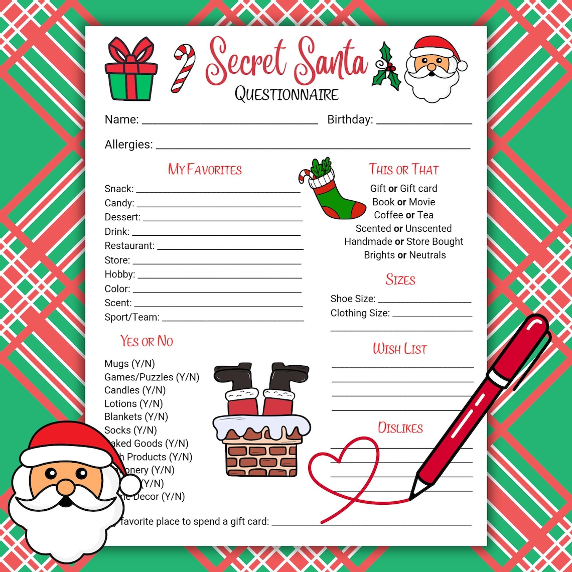 Secret Santa Questionnaire Printable, Christmas Gift Exchange Survey ...