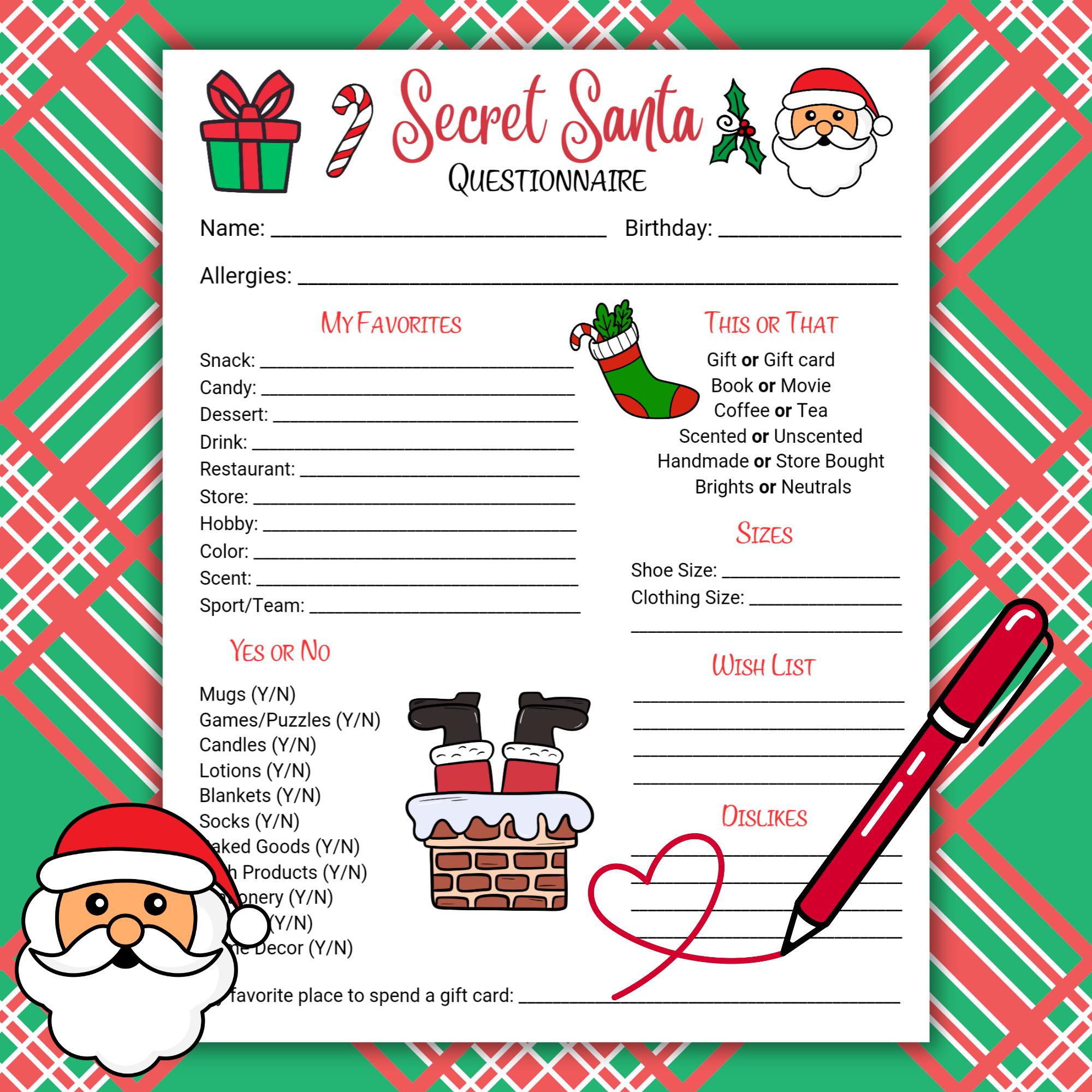 Secret Santa Questionnaire Printable, Christmas Gift Exchange Survey ...