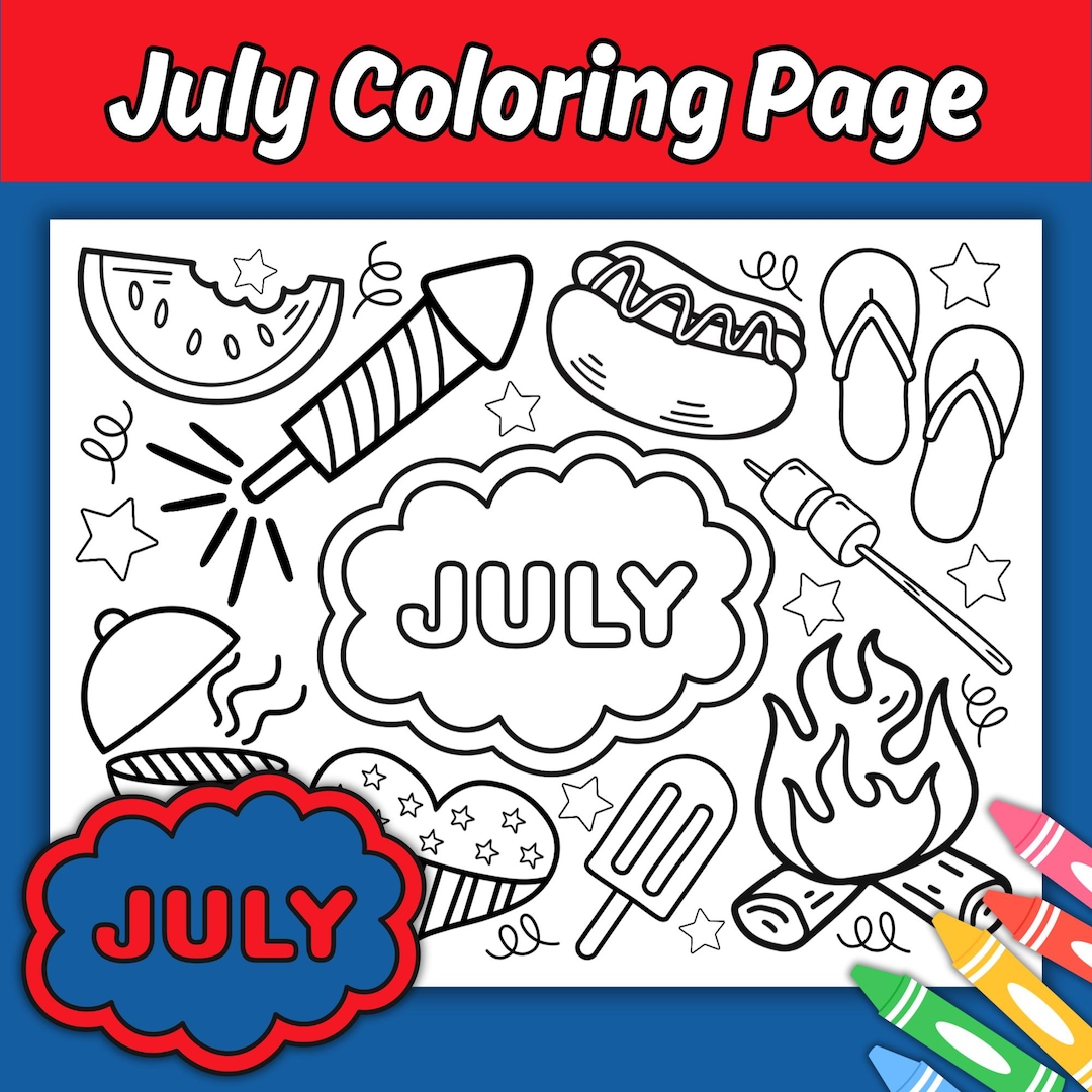 Month of July Printable Coloring Placemat Page for Kids Simple and Bold ...