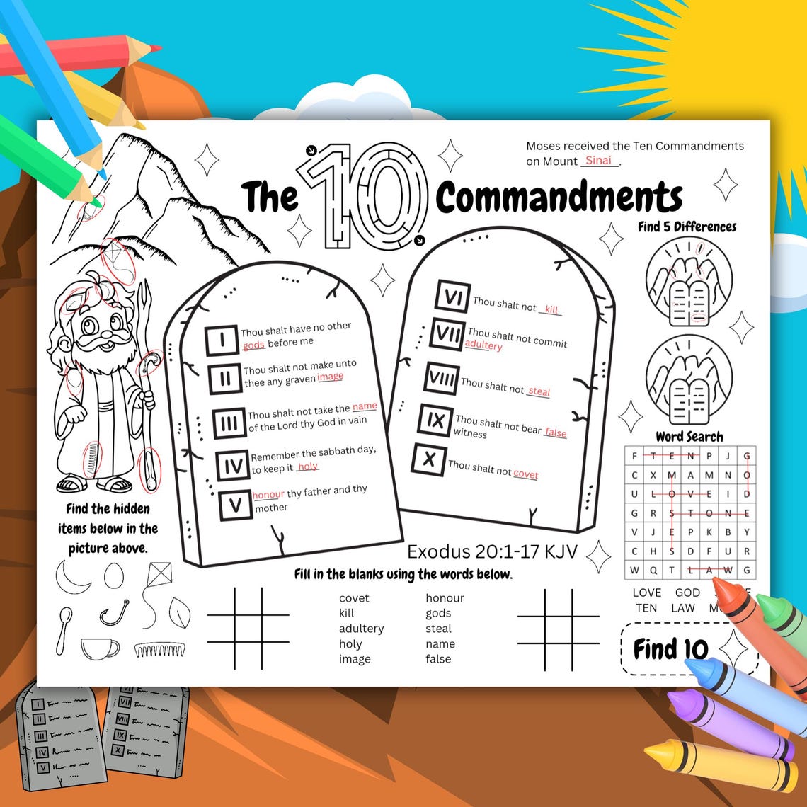 The Ten Commandments Kids Activity Sheet, Bible Coloring Activity Page ...