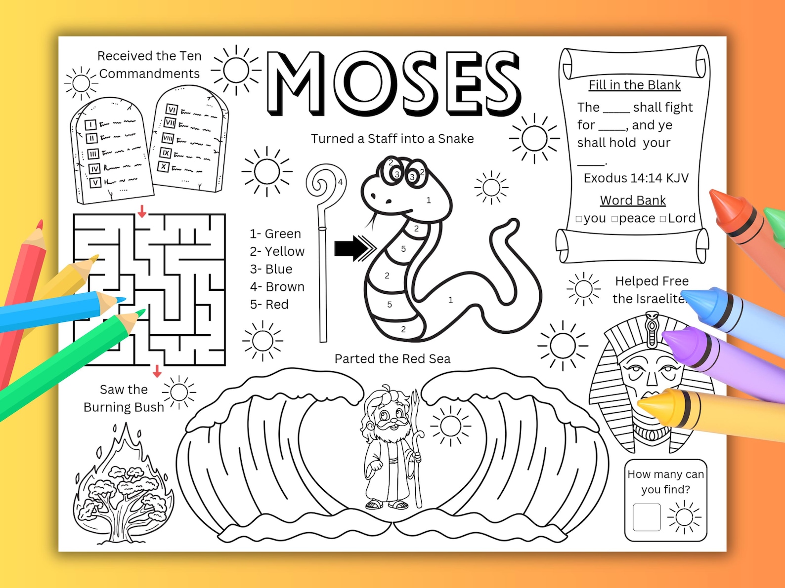 Moses Kids Activity Sheet, Bible Story Coloring Activity Page, Moses ...