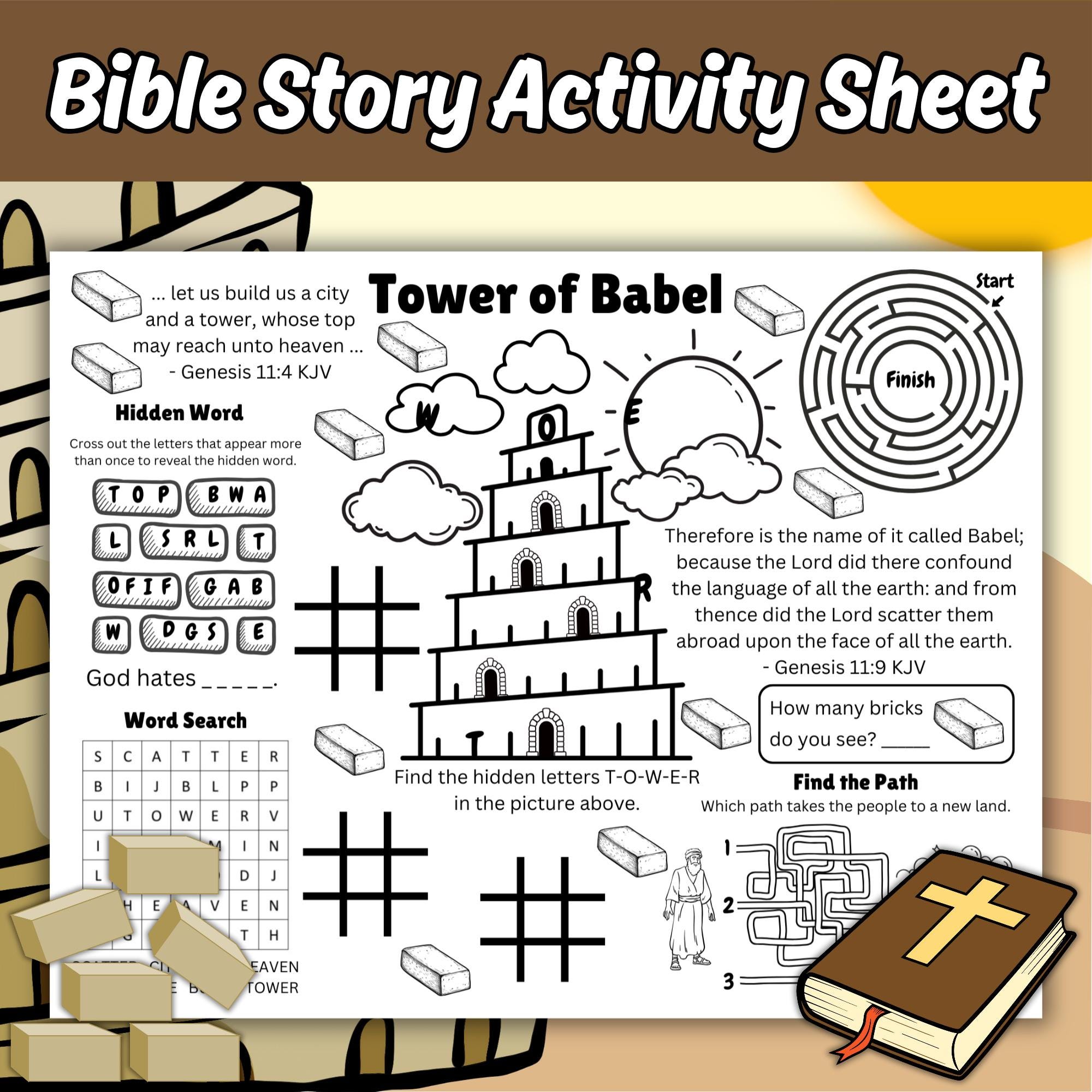 Tower of Babel Activity Sheet, Bible Story Coloring Activity Page ...