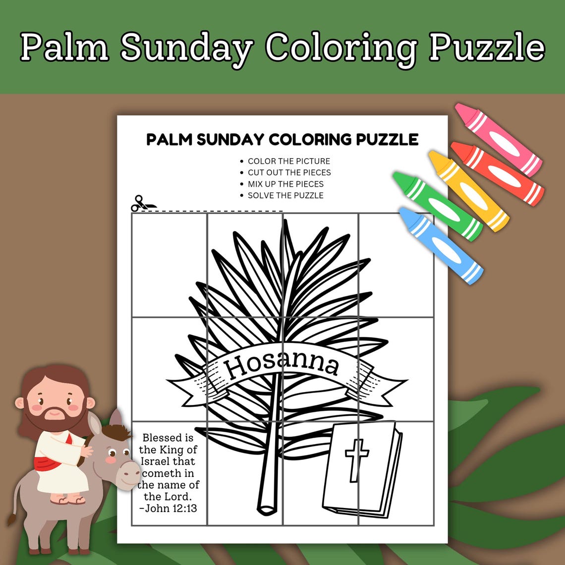 Palm Sunday Coloring Puzzle Craft for Kids Sunday School Bible Lesson ...