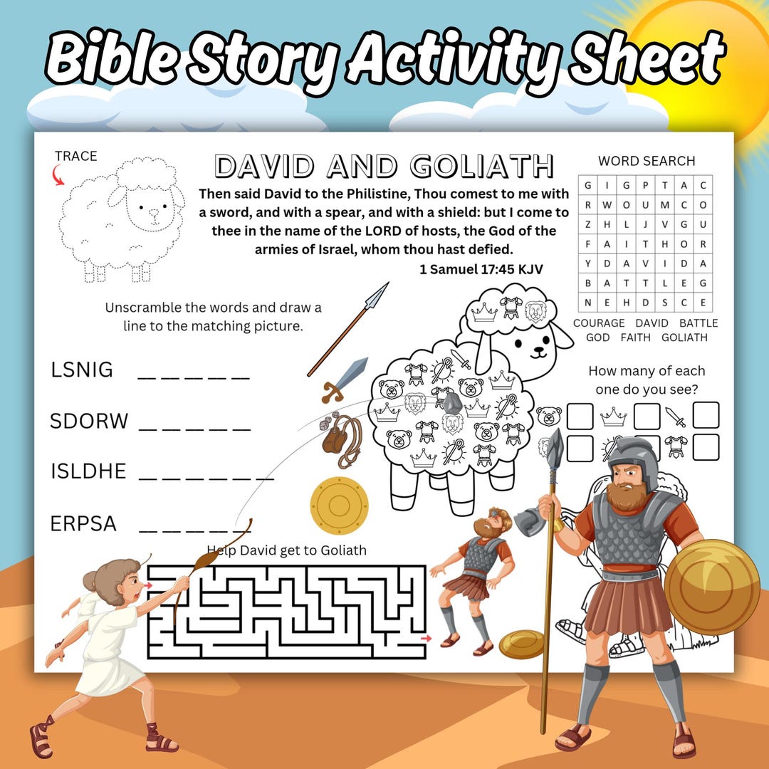 David and Goliath Kids Printable Activity Sheet, Bible Story Coloring Activity Page, David and ...