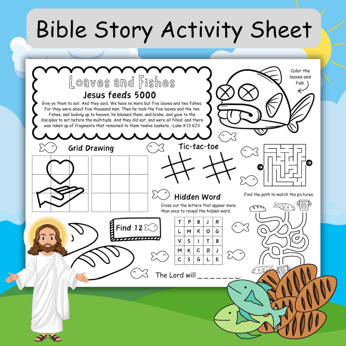 Jesus Feeds 5000 Activity Sheet Printable, Bible Story Coloring ...