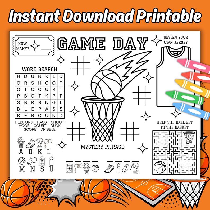 Basketball Game Day Kids Activity Sheet, Printable Basketball Themed ...