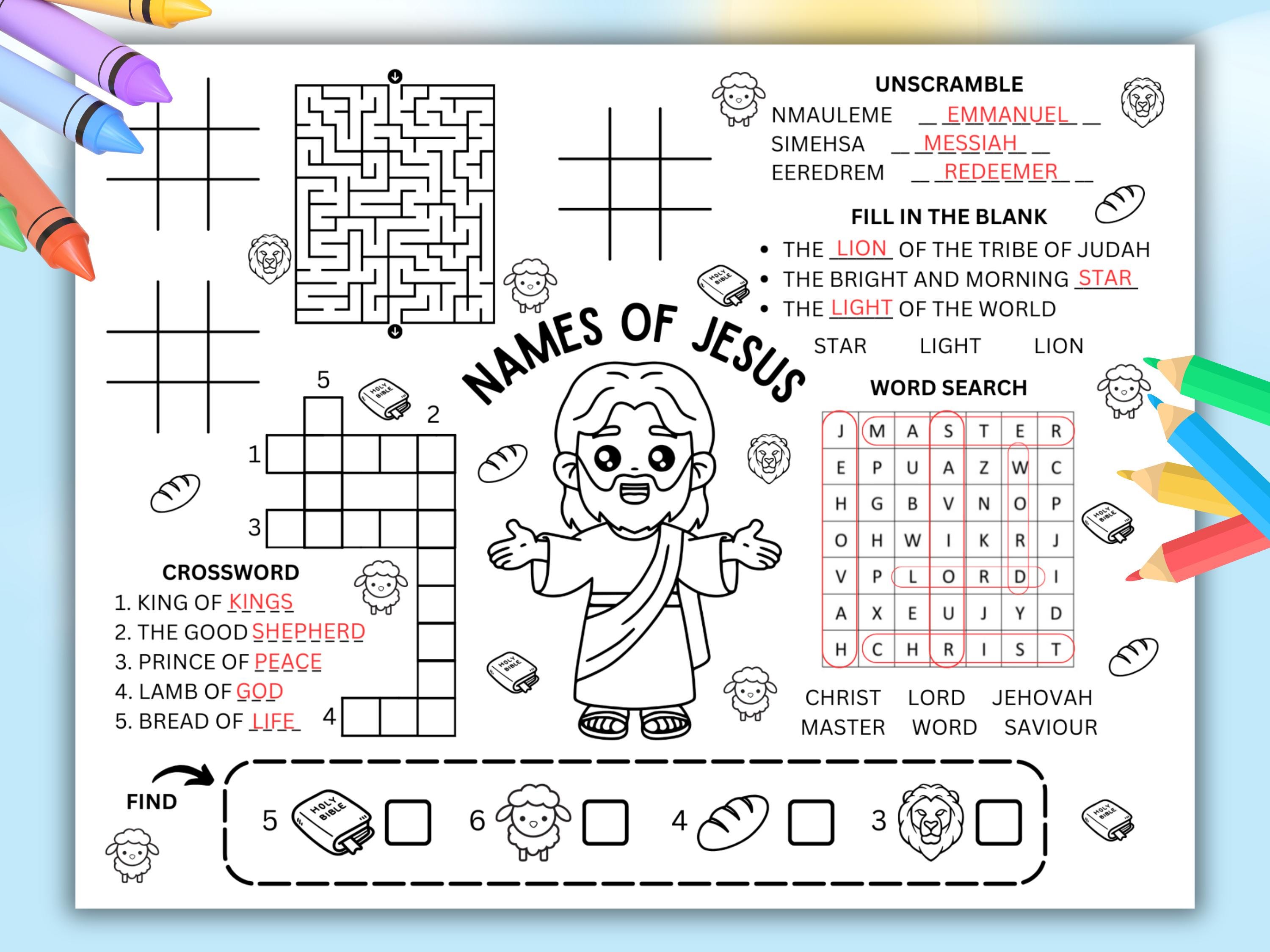 Names of Jesus Kids Activity Sheet, Bible Coloring Activity Page, Jesus ...