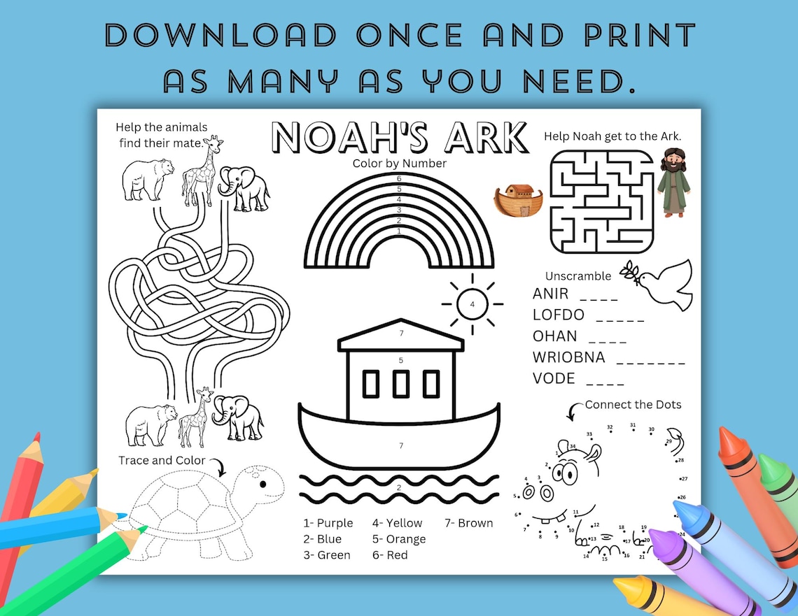Noah's Ark Kids Printable Activity Sheet, Bible Story Coloring Activity ...