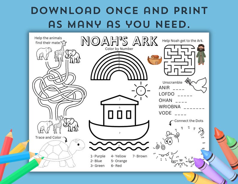 Noah's Ark Kids Printable Activity Sheet, Bible Story Coloring Activity ...