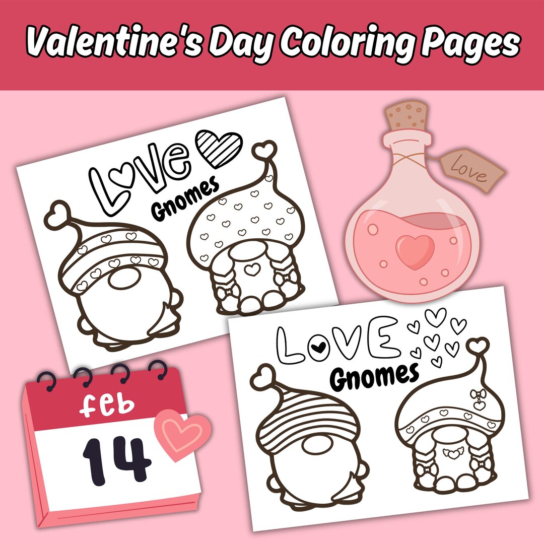 Valentine's Day Gnome Coloring Pages for Kids, Printable Gnome Coloring ...