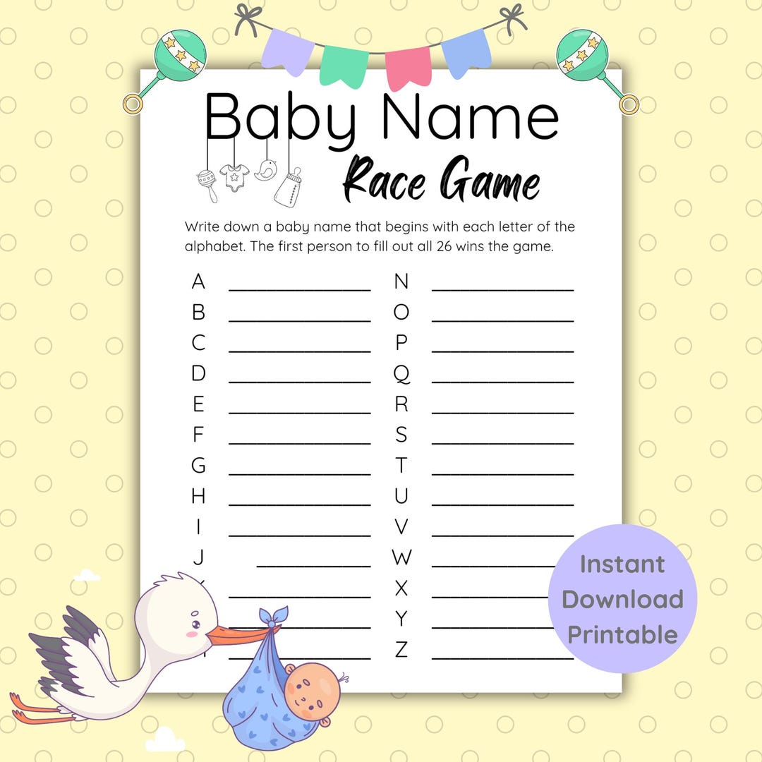 Baby Name Race Game, Baby Shower Game, Printable Baby Shower Game, ABC ...