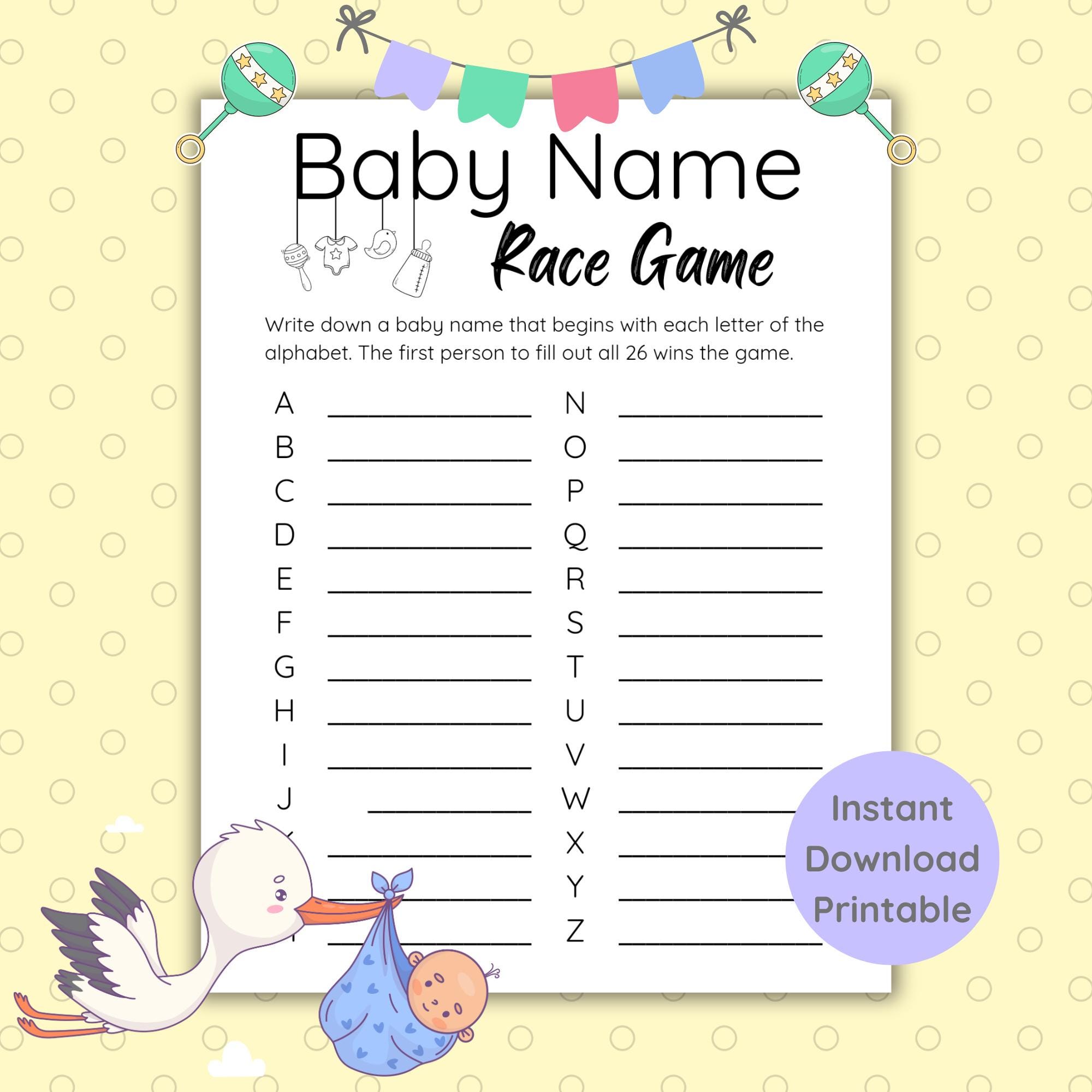 Baby Name Race Game, Baby Shower Game, Printable Baby Shower Game, ABC ...