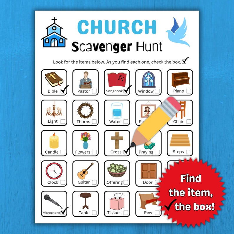 Kids Church Scavenger Hunt Activity Printable, Indoor Scavenger Hunt ...