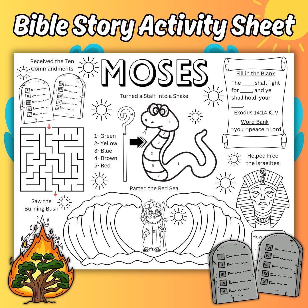 Moses Kids Activity Sheet, Bible Story Coloring Activity Page, Moses ...