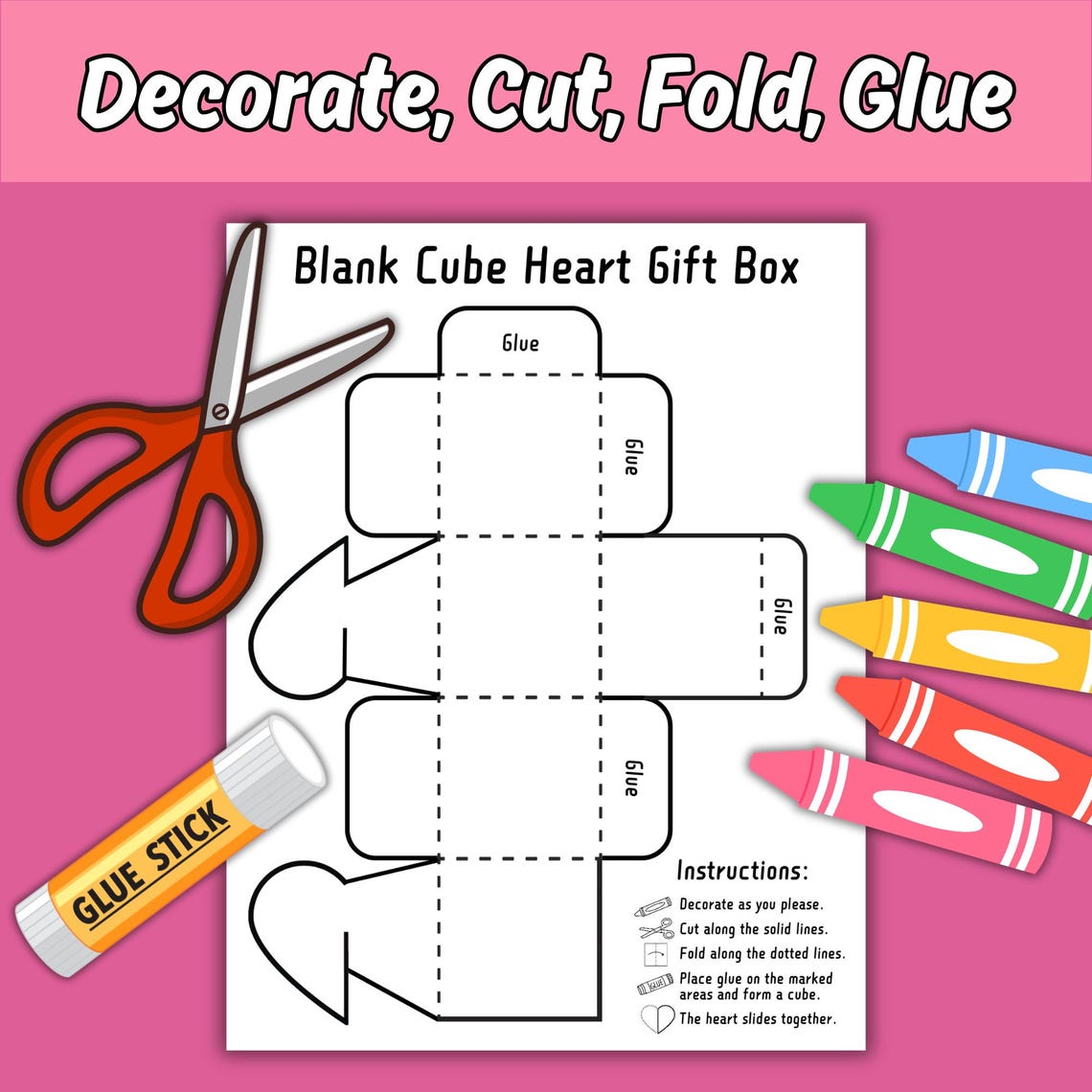 Blank Heart Gift Box Cube Craft for Kids, Printable Heart Treat Box ...