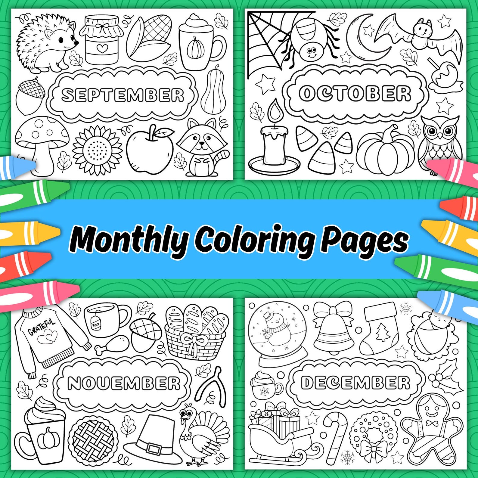 Months of the Year Coloring Pages Bundle 12 Printable Monthly Coloring ...
