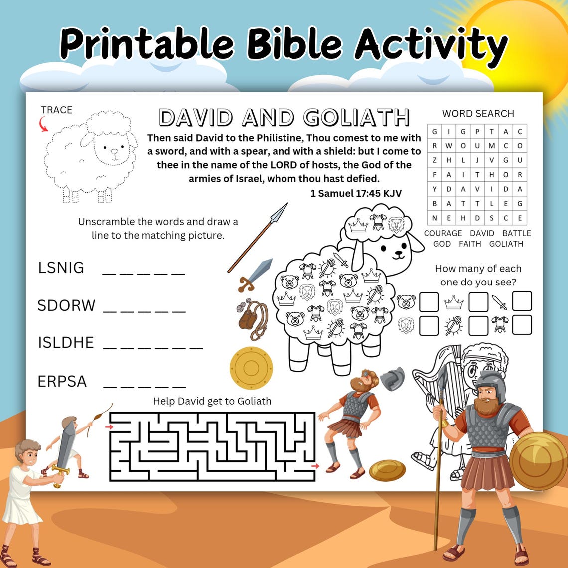 David and Goliath Kids Printable Activity Sheet, Bible Story Coloring ...