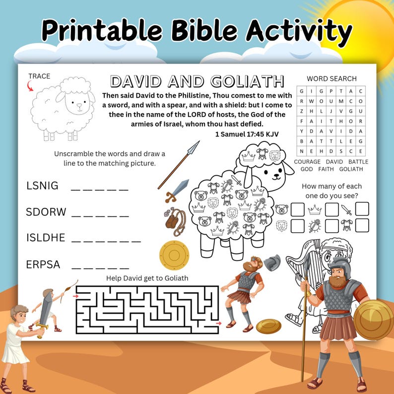 David and Goliath Kids Printable Activity Sheet, Bible Story Coloring ...