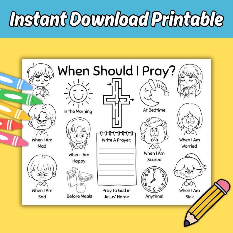 Prayer Bible Lesson Activity Sheet for Kids, When Should I Pray Sunday ...
