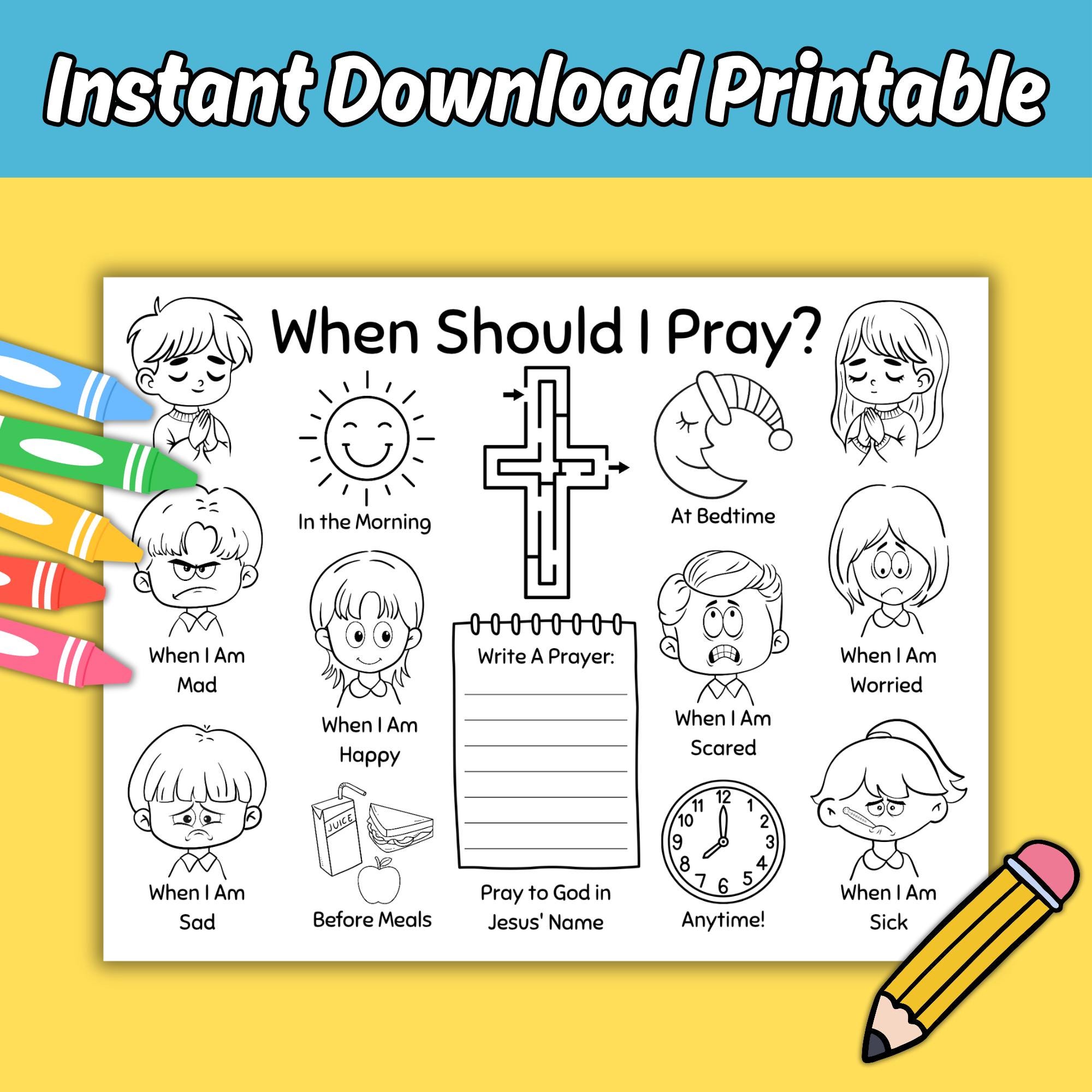 Prayer Bible Lesson Activity Sheet for Kids, When Should I Pray Sunday ...
