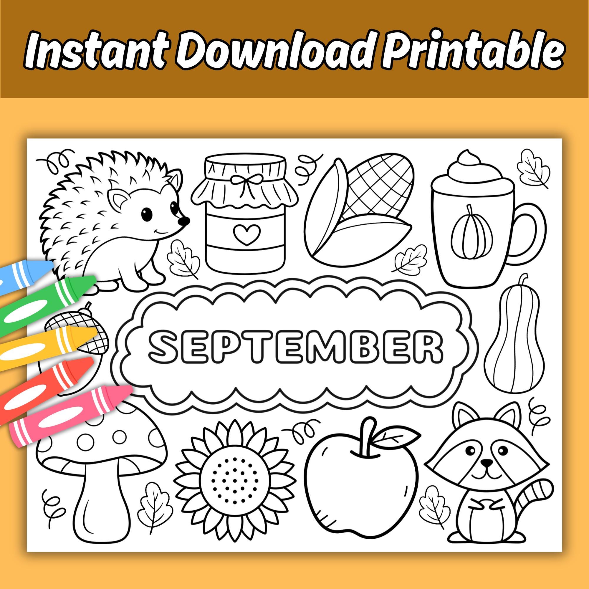 Month of September Printable Coloring Placemat Page for Kids, Simple ...