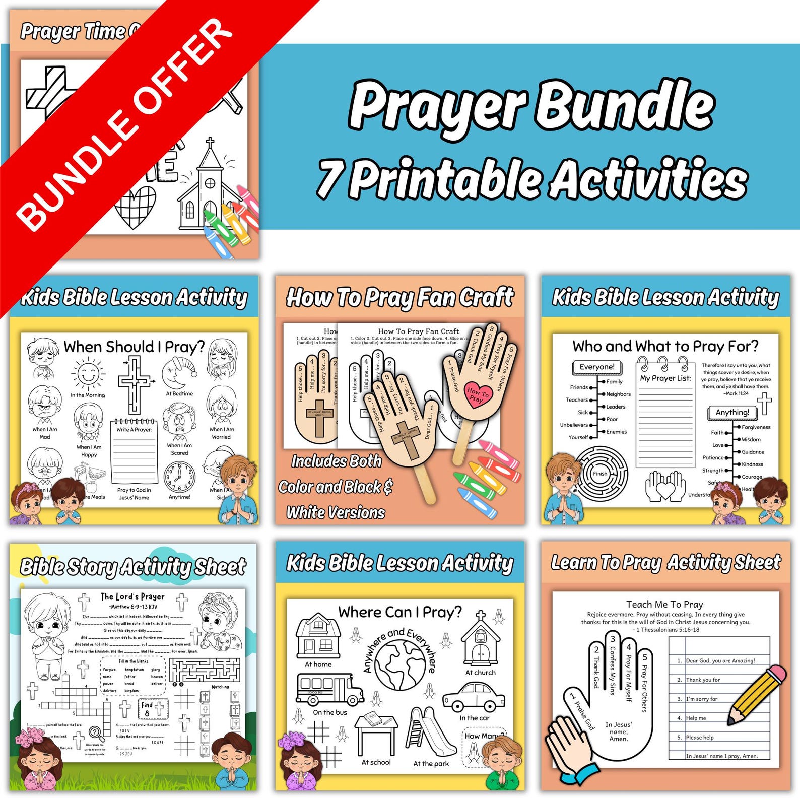 Prayer Activities for Kids Printable Bundle, Sunday School Prayer ...