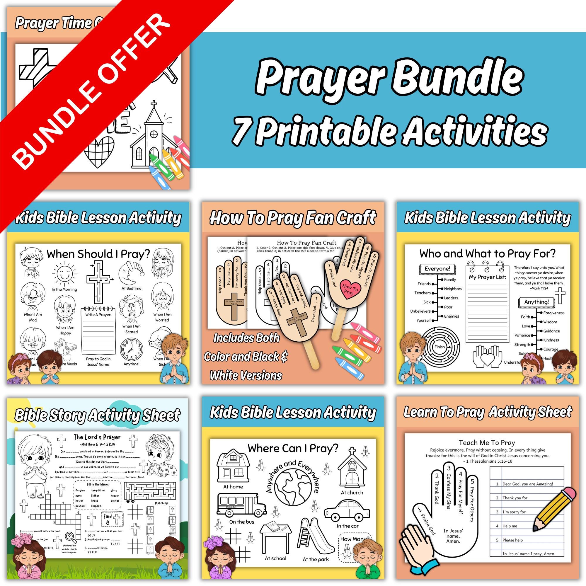 Prayer Activities for Kids Printable Bundle, Sunday School Prayer ...