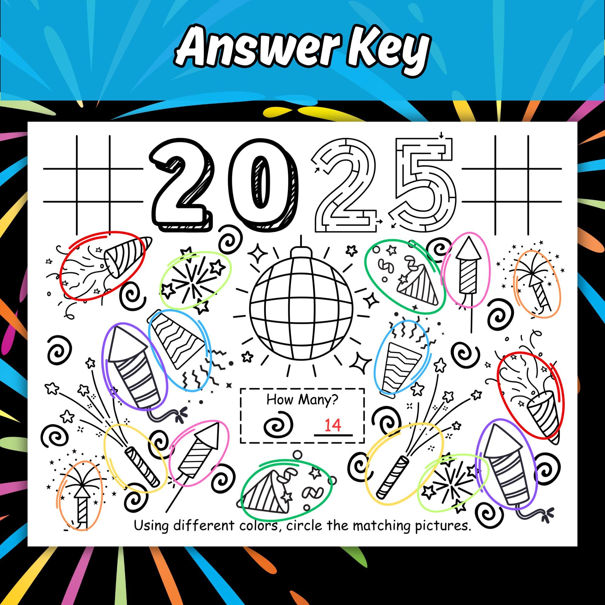 New Year's 2025 Coloring Activity Worksheets for Kids, New Year's Eve ...