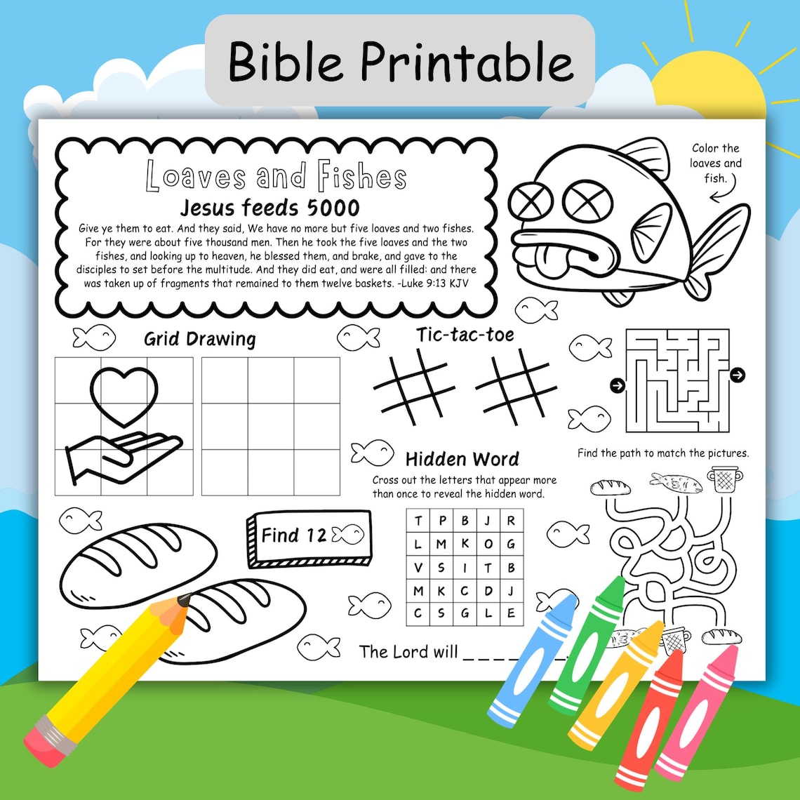 Jesus Feeds 5000 Activity Sheet Printable, Bible Story Coloring ...