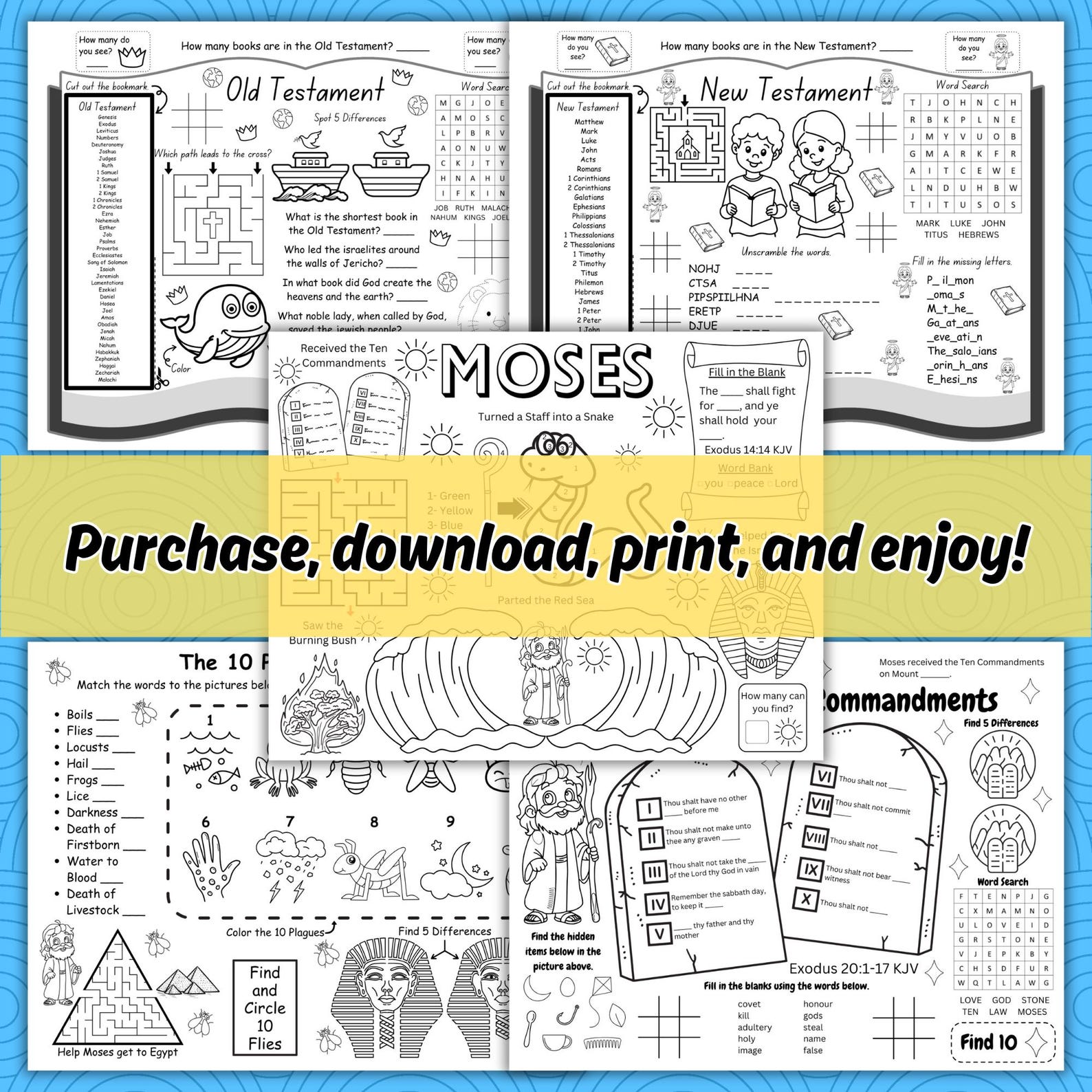 Bible Story Activity Placemat Bundle for Kids, 15 Printable Christian ...