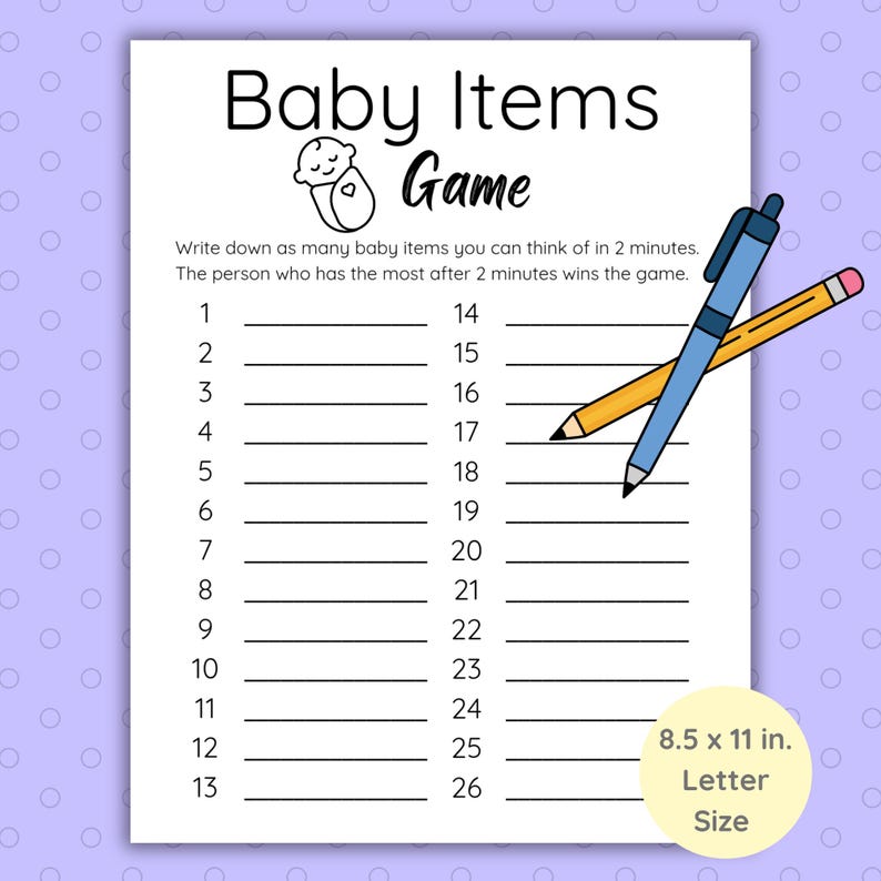 Name the Baby Items Baby Shower Party Game, Printable Gender-neutral ...