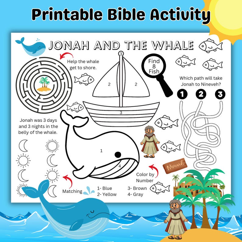 Jona und der Wal Kinder druckbares Aktivitätsblatt, Bibelgeschichte ...