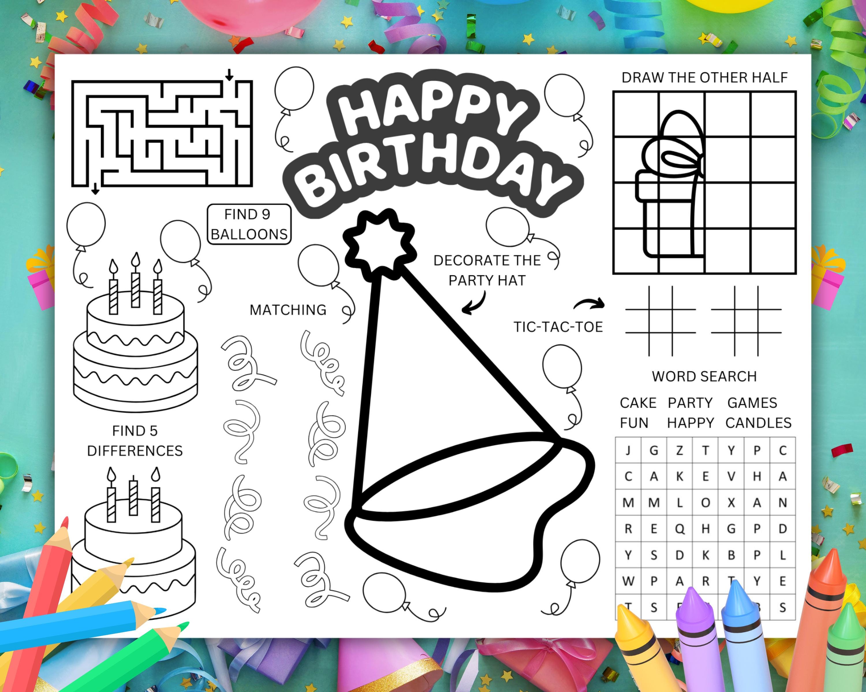 Kids Birthday Activity Sheet, Birthday Party Printable Activity Page ...
