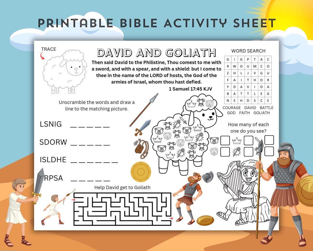 David and Goliath Kids Activity Sheet, Bible Story Coloring Activity ...
