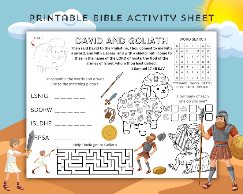 David and Goliath Kids Printable Activity Sheet, Bible Story Coloring ...
