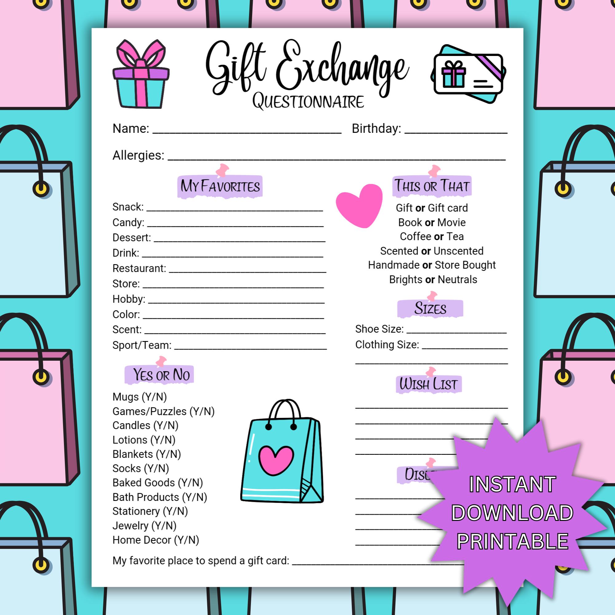 Gift Exchange Questionnaire Printable, Gift Exchange Survey, Gift ...