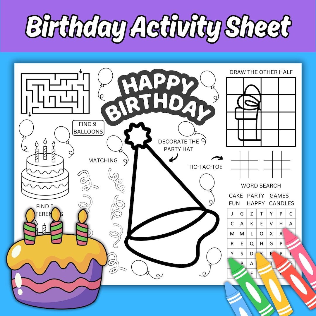 Kids Birthday Activity Sheet, Birthday Party Printable Activity Page ...