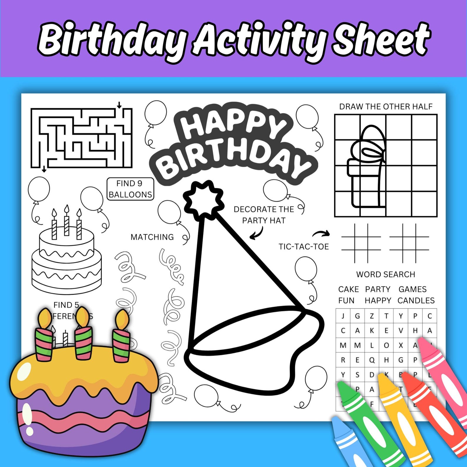 Kids Birthday Activity Sheet, Birthday Party Printable Activity Page ...