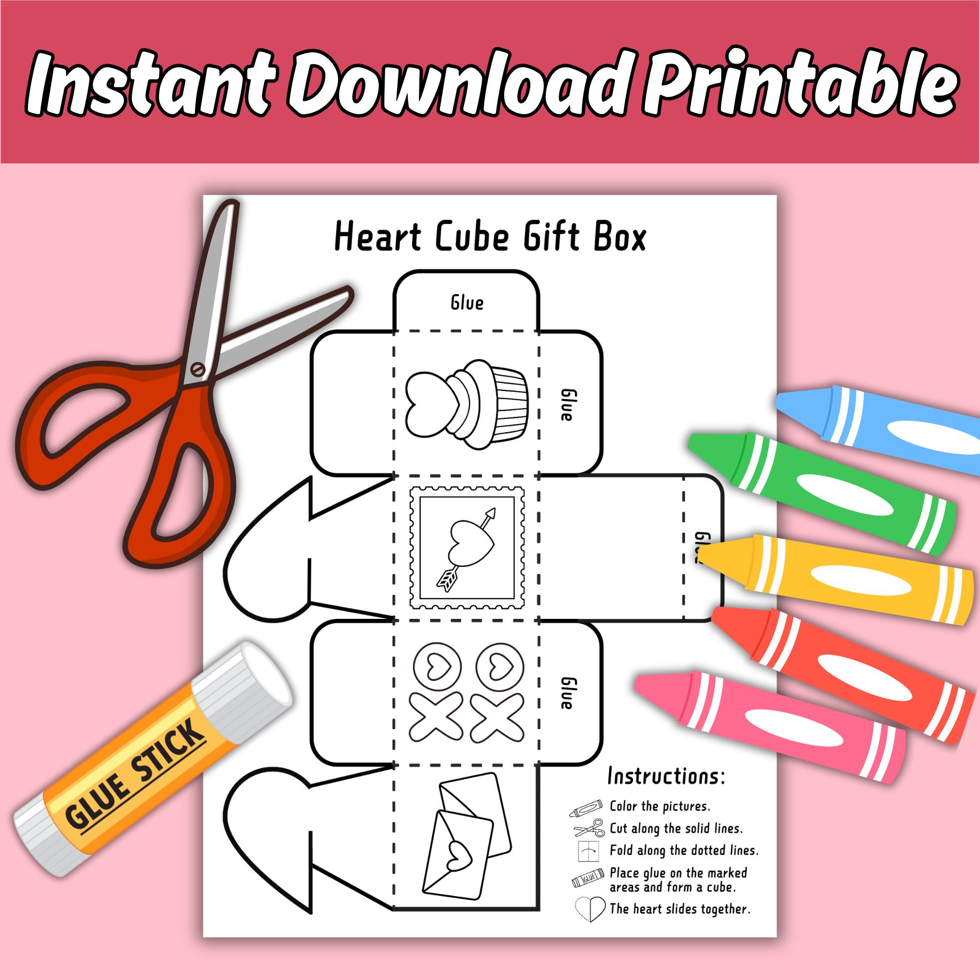 Heart Cube Gift Box Craft for Kids, Printable Heart Treat Box Valentine ...